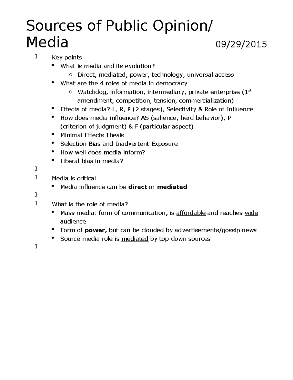 Media Power 9 notes - Professor Jack Citrin - Sources of Public Opinion ...