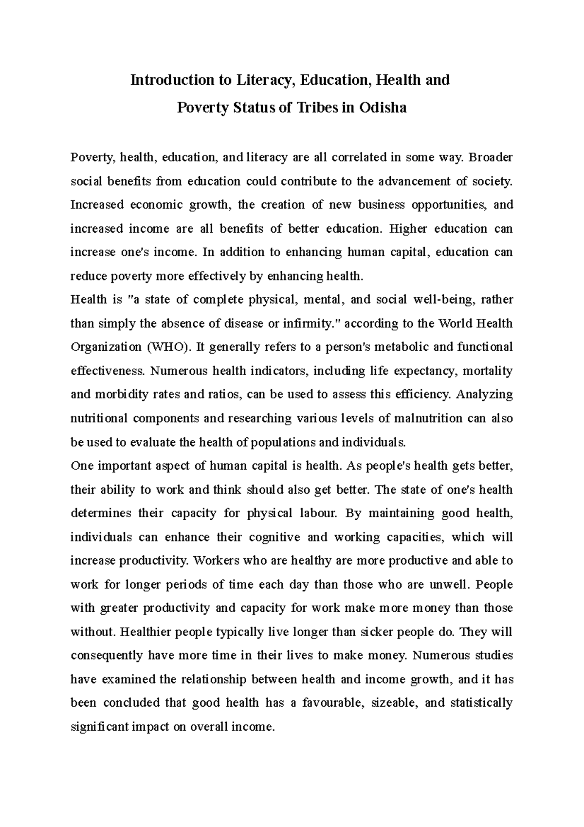 Introduction to Literacy, Education, Health and Poverty Status of ...