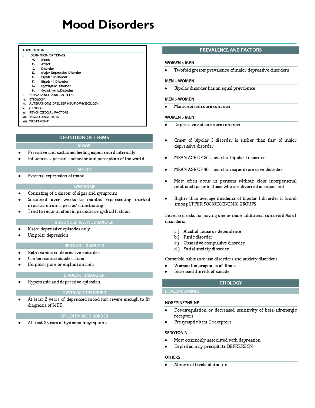 Mood Disorders - Lecture notes 3 - Mood Disorders DEFINITION OF TERMS ...