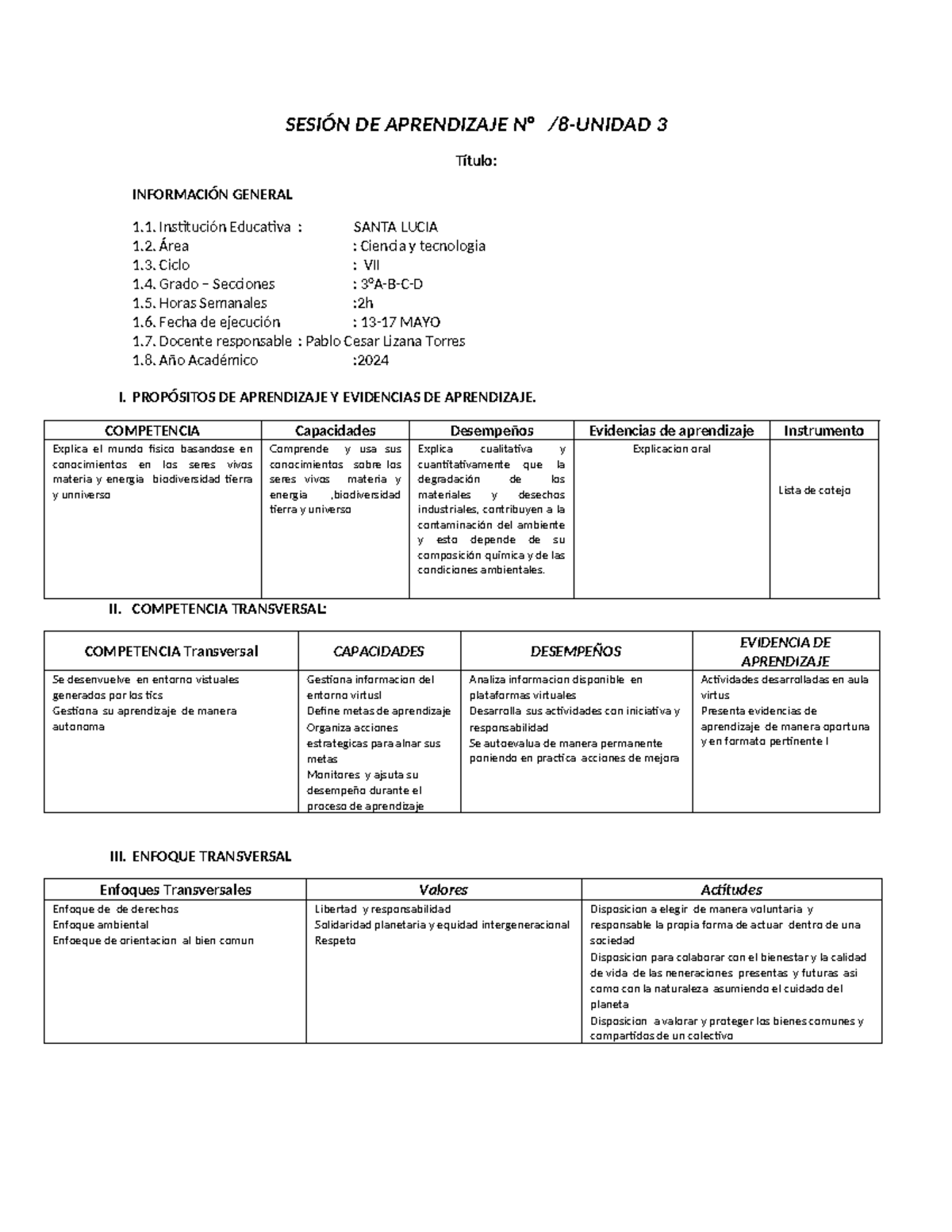 Esquema Sesion DE Aprendizaje AÑO 2024 - SESIÓN DE APRENDIZAJE N° /8-UNIDAD 3 Título ...