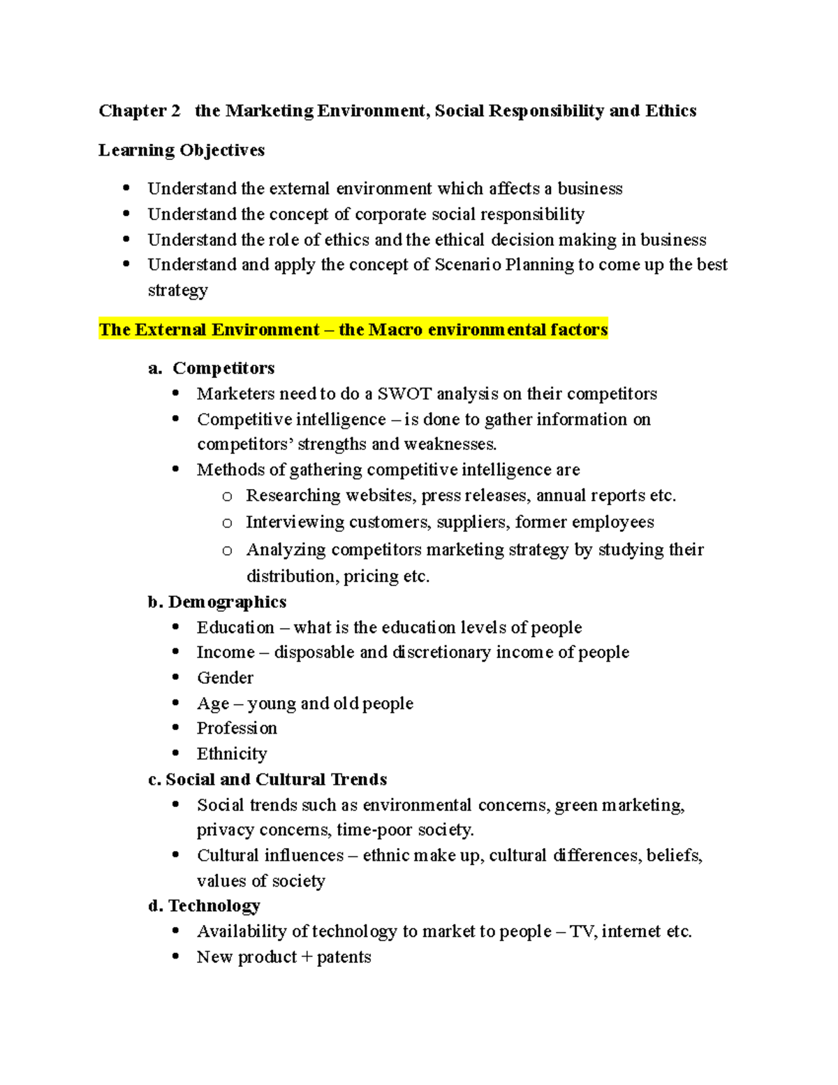 Chapter 2 - note - Chapter 2 the Marketing Environment, Social ...