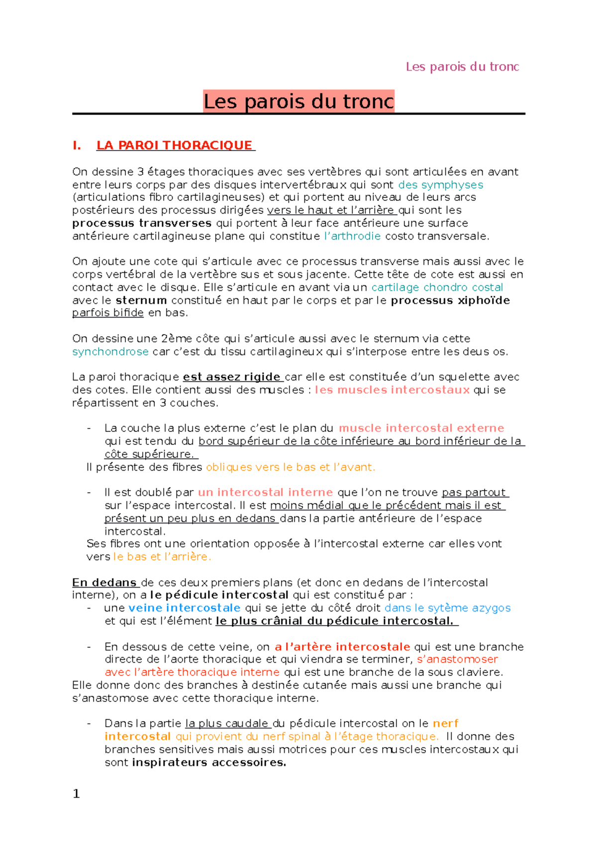 Les parois du tronc - LA PAROI THORACIQUE On dessine 3 étages ...
