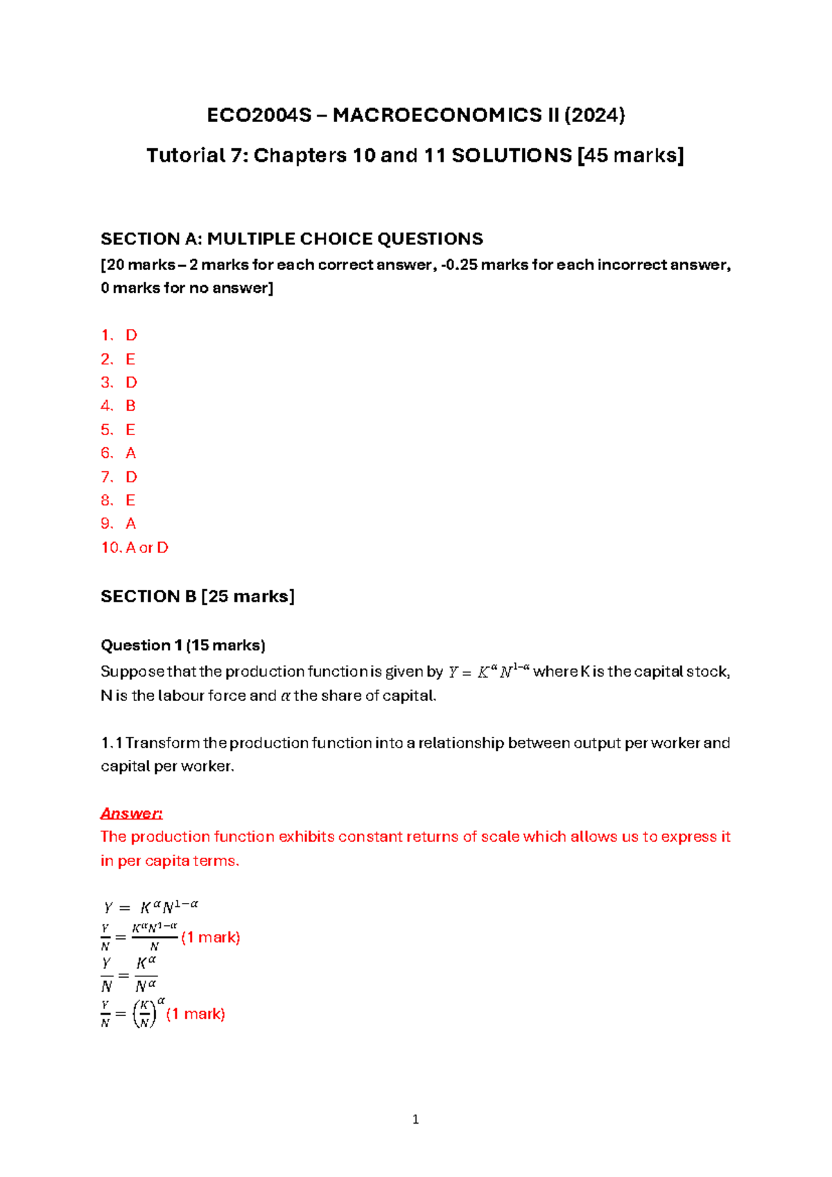 ECO2004 S Tutorial 7 Solutions - 1 ECO2004S – MACROECONOMICS II (202 4 ) Tutorial 7 : Chapters ...