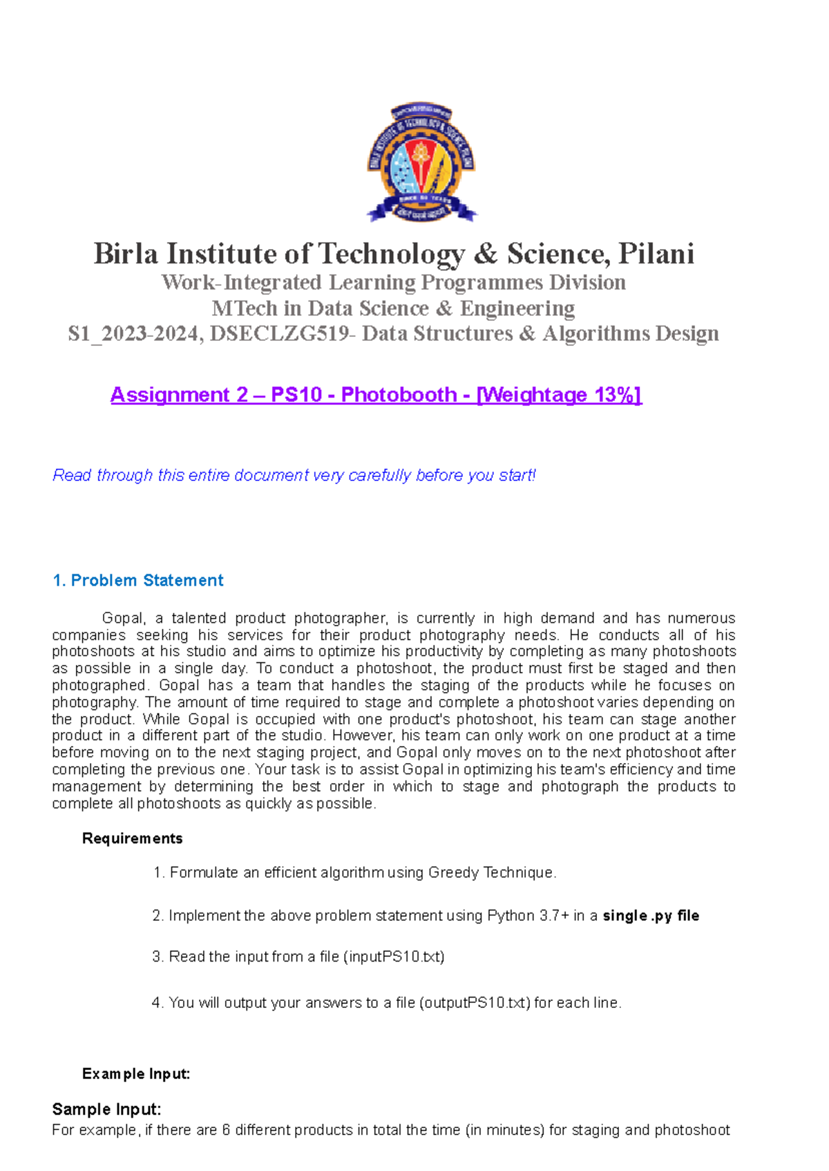 Assignment 2 PS10 - Summa - Birla Institute of Technology & Science, Pilani Work-Integrated ...