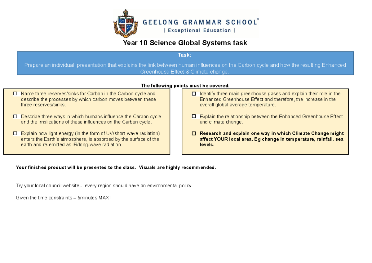 Year 10 Climate Change Task 2021 - Year 10 Science Global Systems task ...