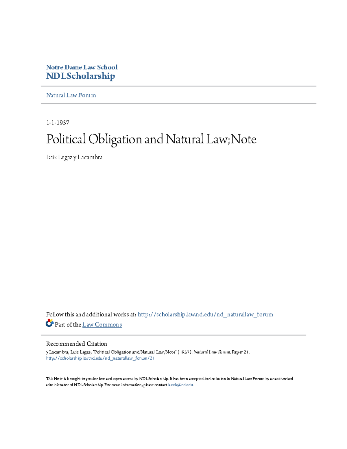 Political Obligation and Natural Law;Note - Notre Dame Law School ...
