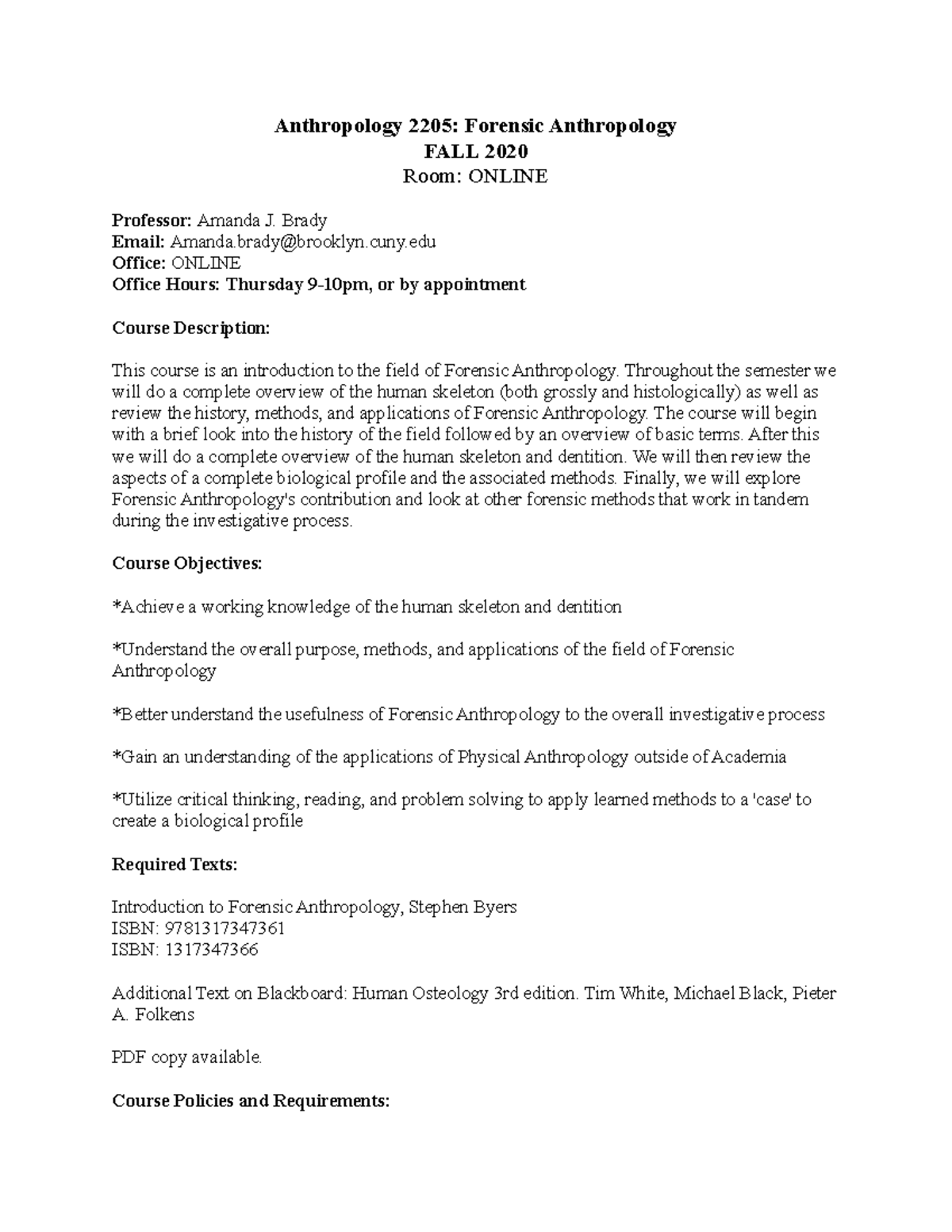 Anthropology 2205 - Forensic Anthropology Syllabus - Anthropology 2205 ...