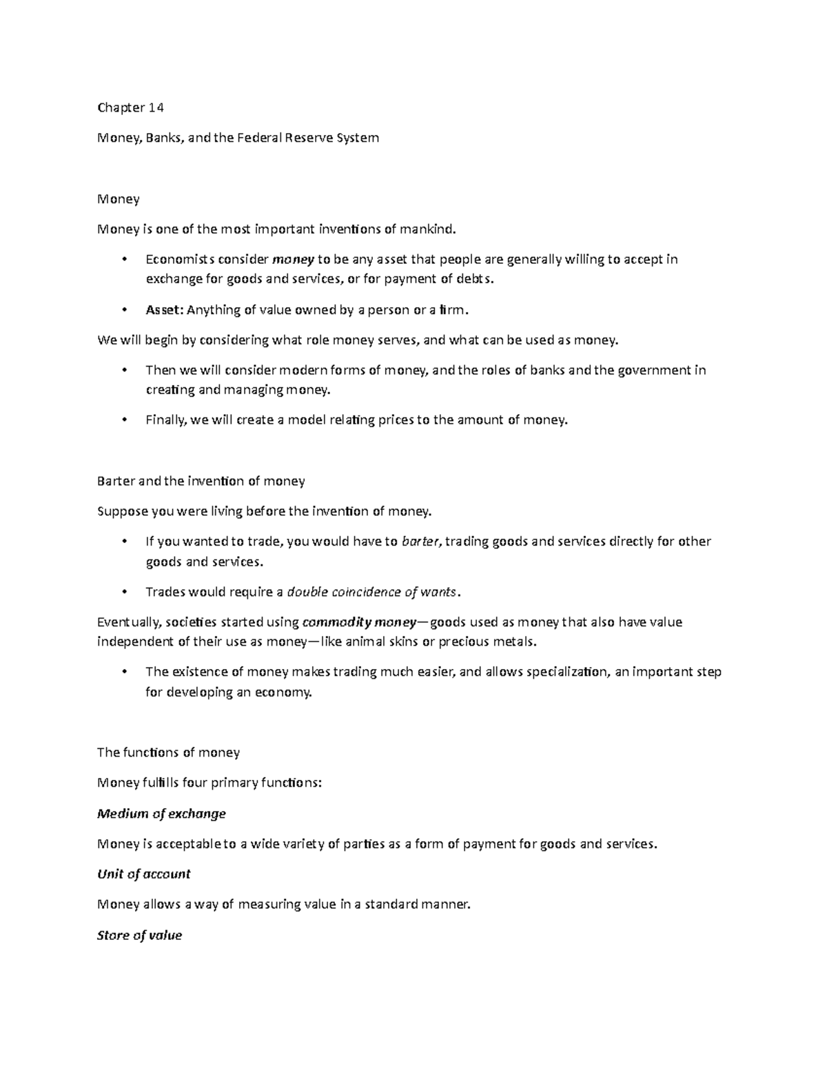 Chapter 14 Lecture Notes 1 - Chapter 14 Money, Banks, and the Federal ...