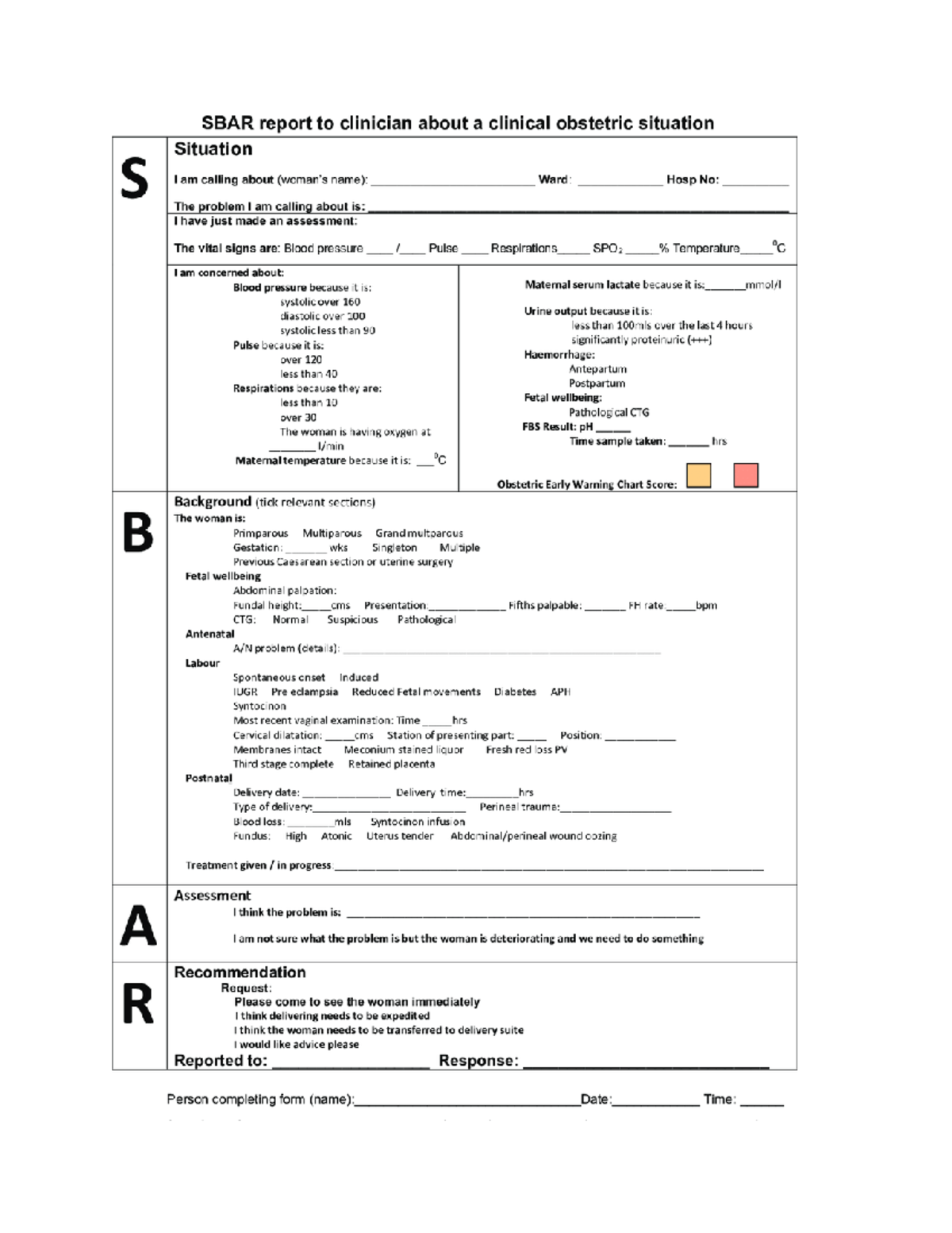 OB SBAR - sbar for OB - RNSG 1343 - Studocu