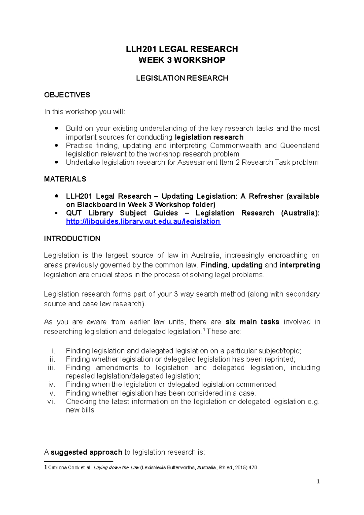 LLH201 Workshop Week 3 - Tutorial notes - LLH201 LEGAL RESEARCH WEEK 3 ...