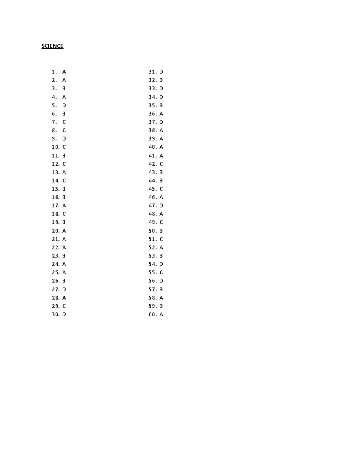 Science-Answer Key - for dost - SCIENCE 1. A 2. A 3. B 4. A 5. D 6. B 7 ...