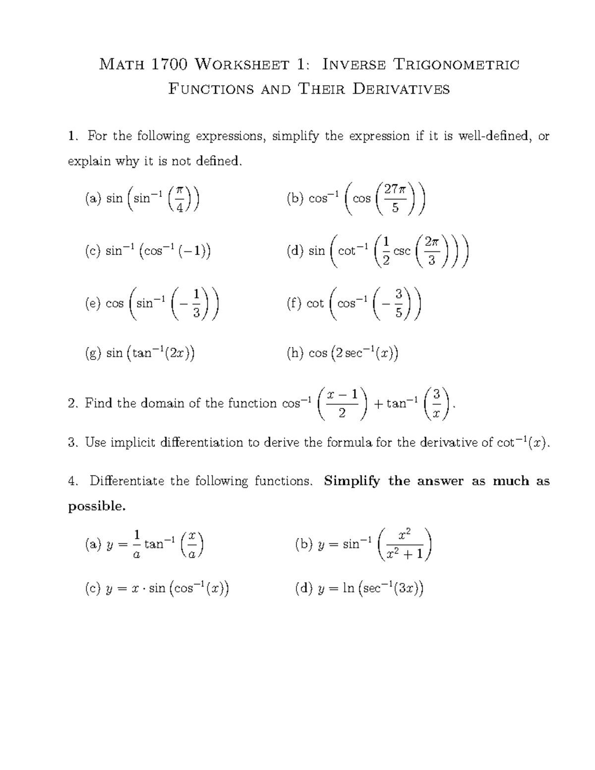 1700tutorial-1 - Tutorial work - Math 1700 Worksheet 1: Inverse Trigonometric Functions and ...