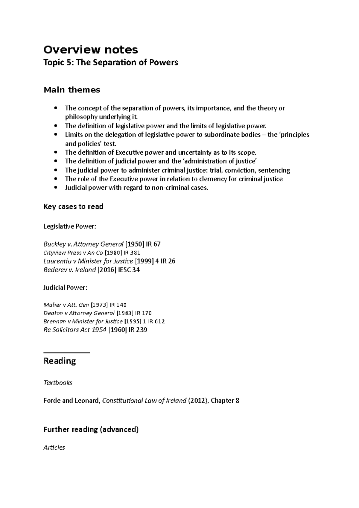 Topic 5 overview The Separation of Powers - Overview notes Topic 5: The ...