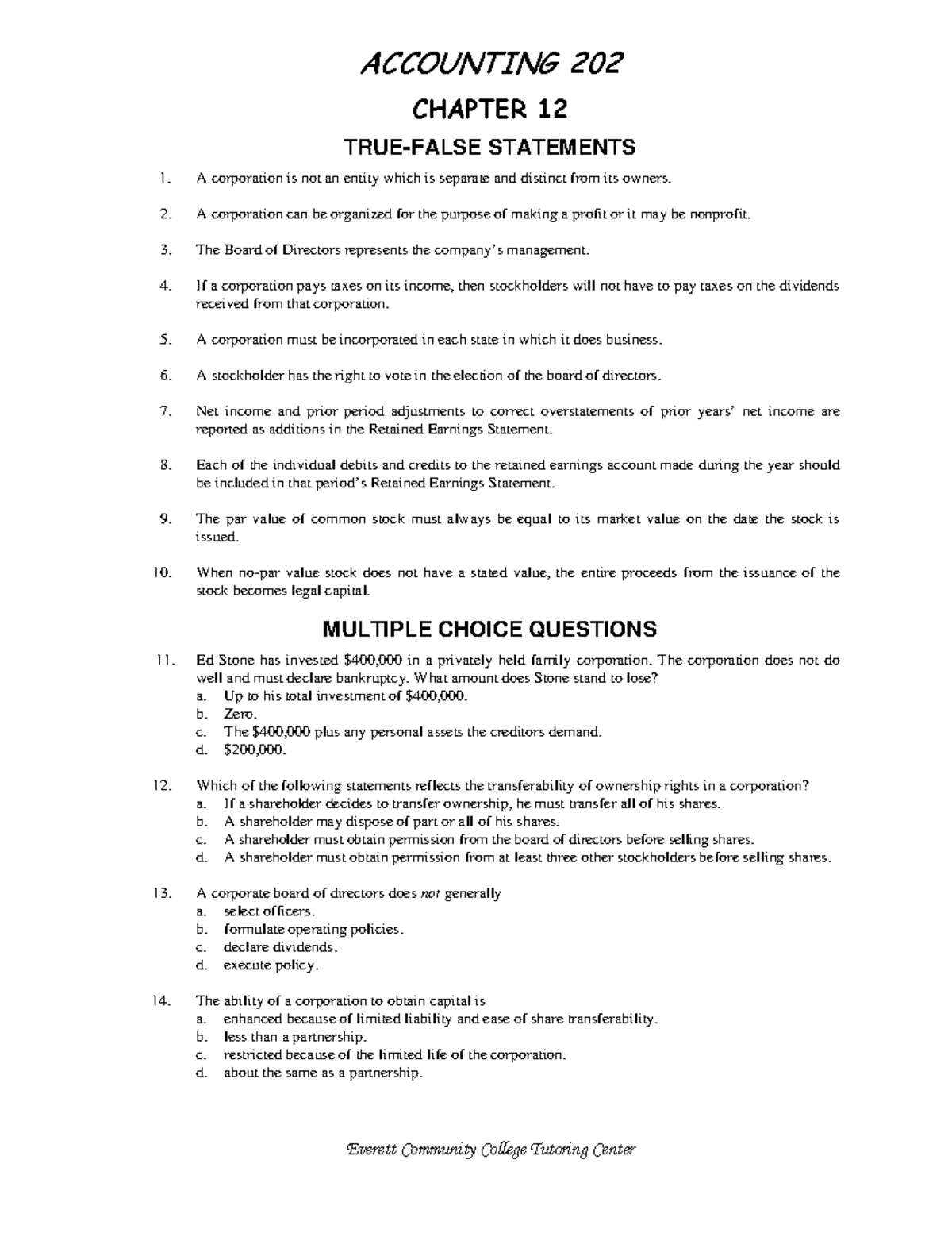 Accounting 202 chapter 12 test - ACCOUNTING 202 CHAPTER 12 TRUE-FALSE ...