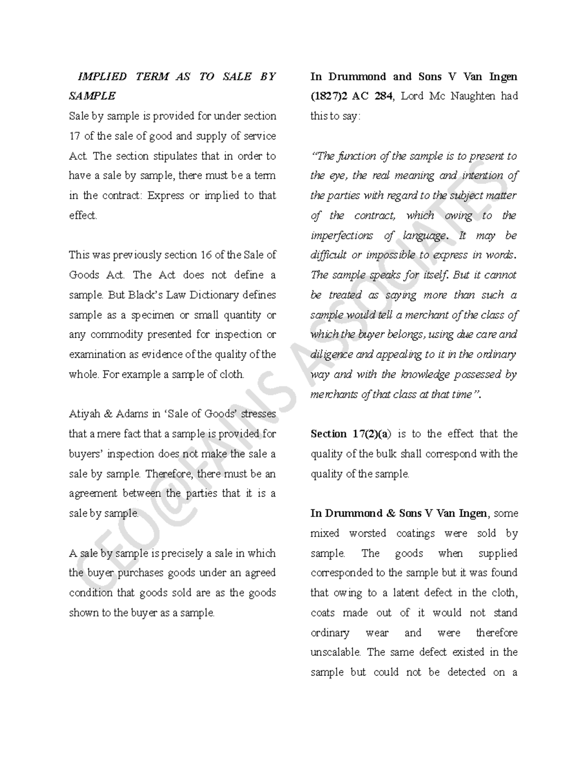 Law of sale of goods notes - IMPLIED TERM AS TO SALE BY SAMPLE Sale by ...