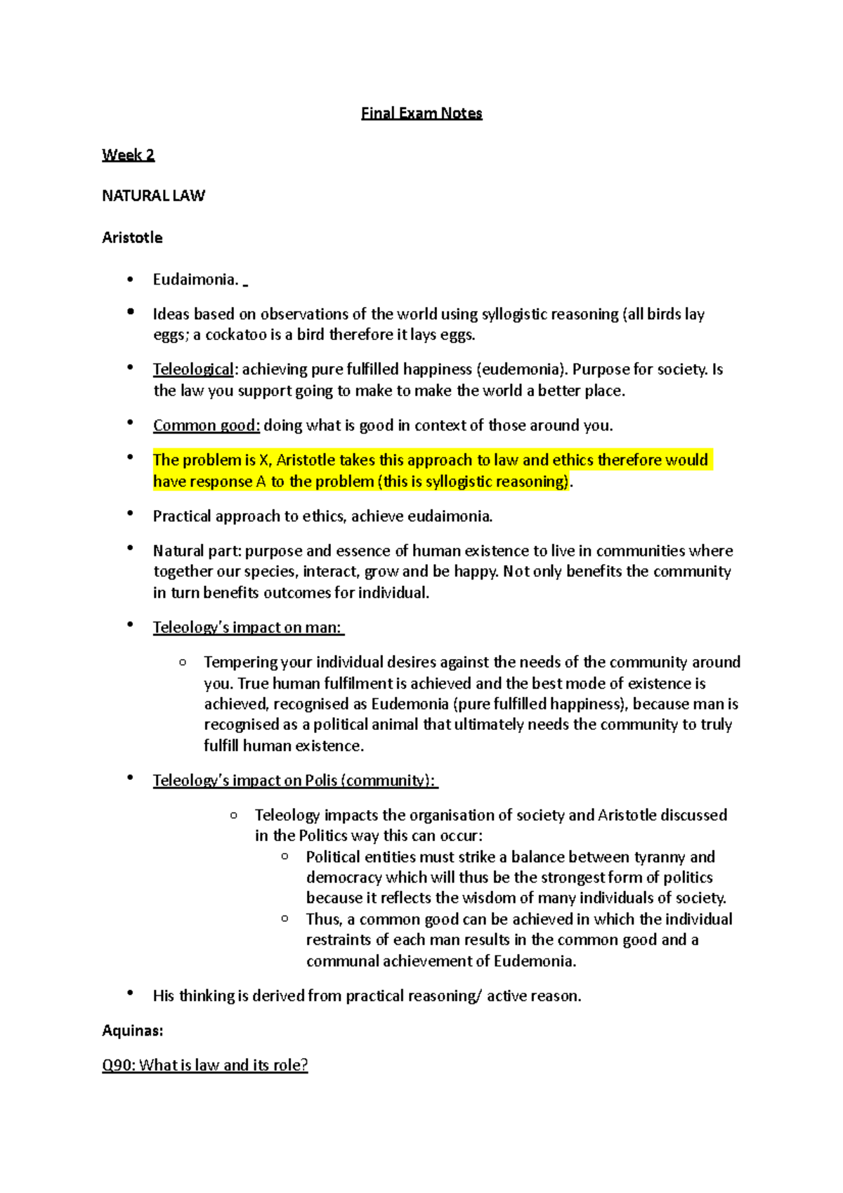 Mid-Session Exam Notes - Final Exam Notes Week 2 NATURAL LAW Aristotle ...