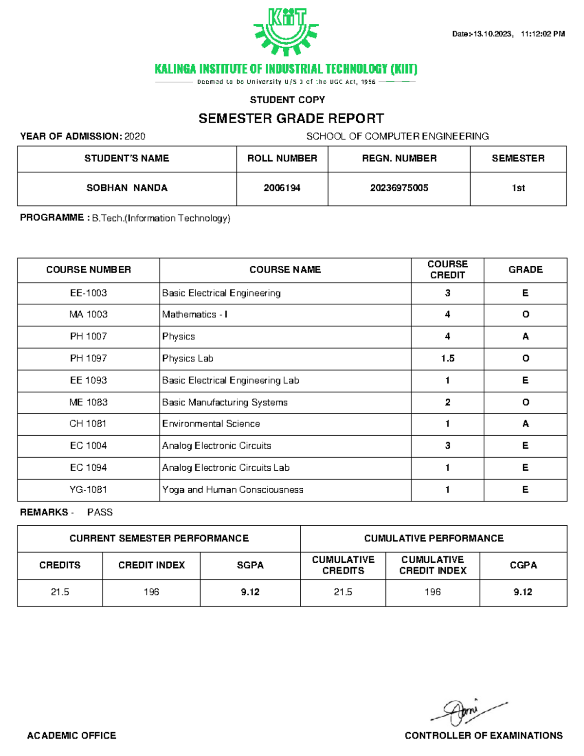All college marksheet combined - SEMESTER GRADE REPORT STUDENT COPY ...