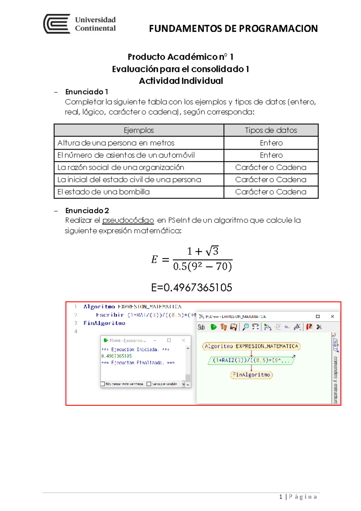 Producto Académico 1 Tarea - FUNDAMENTOS DE PROGRAMACION 1 | P á g i n a Producto Académico n° 1 ...