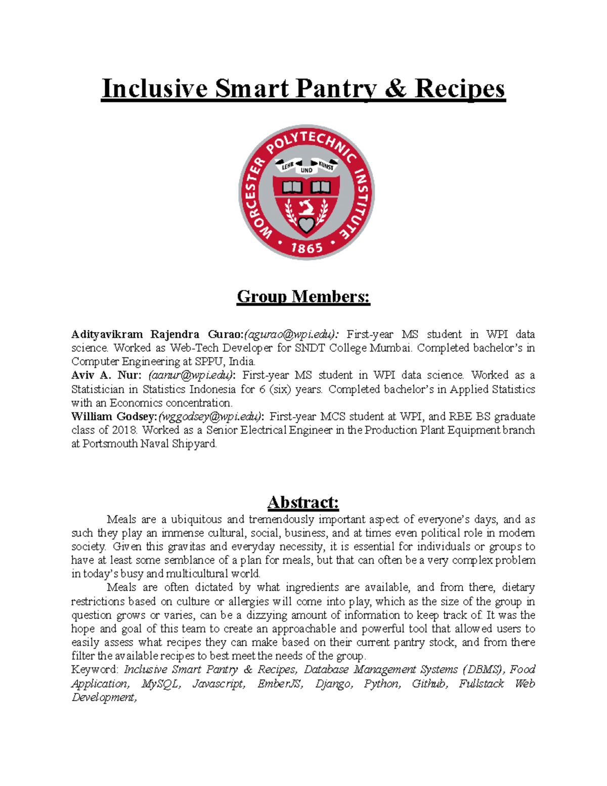 CS 542 DBMS Final Paper Spring 2023 - Inclusive Smart Pantry & Recipes Group Members: - Studocu