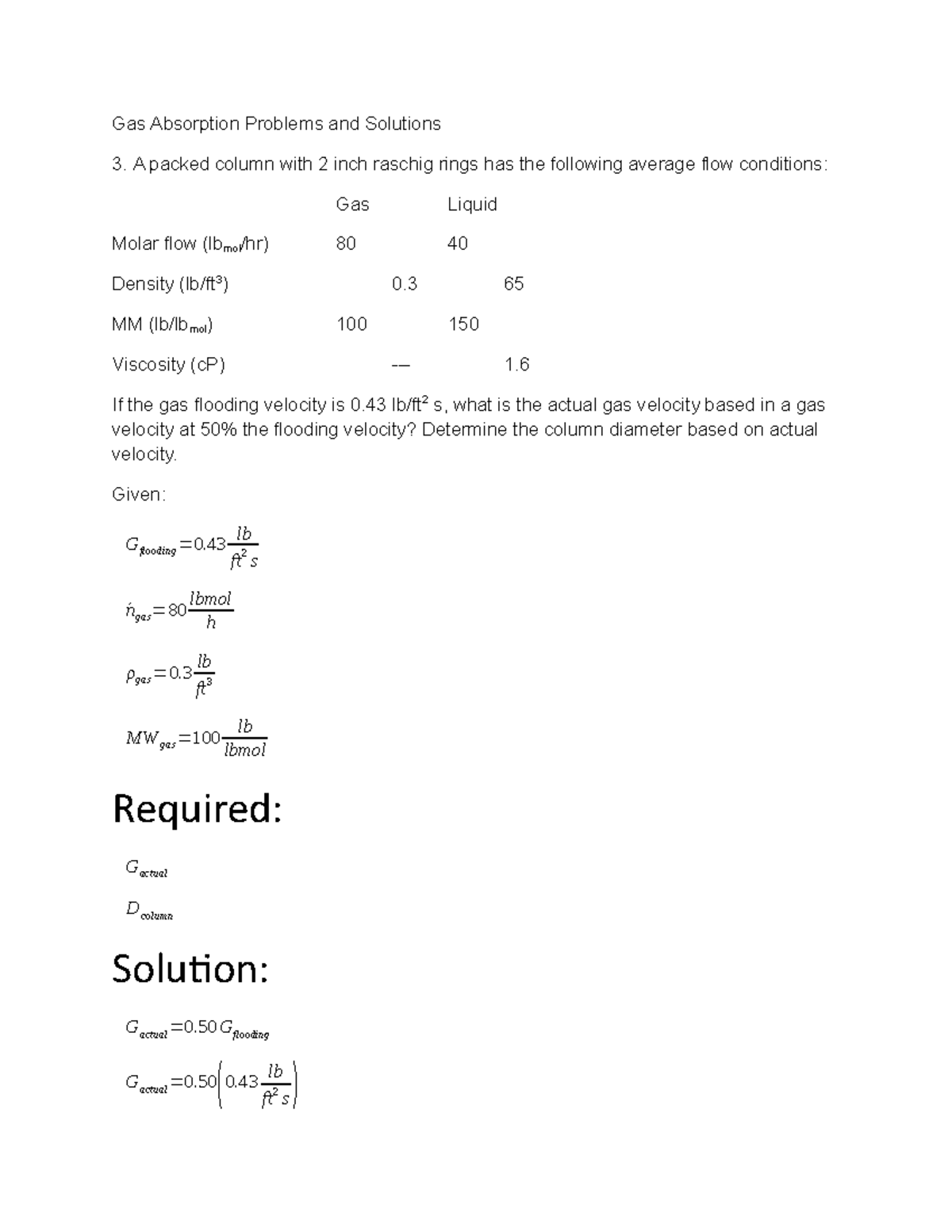 Pdfcoffee - Sample problem for gas absorption - Gas Absorption Problems and Solutions A packed ...
