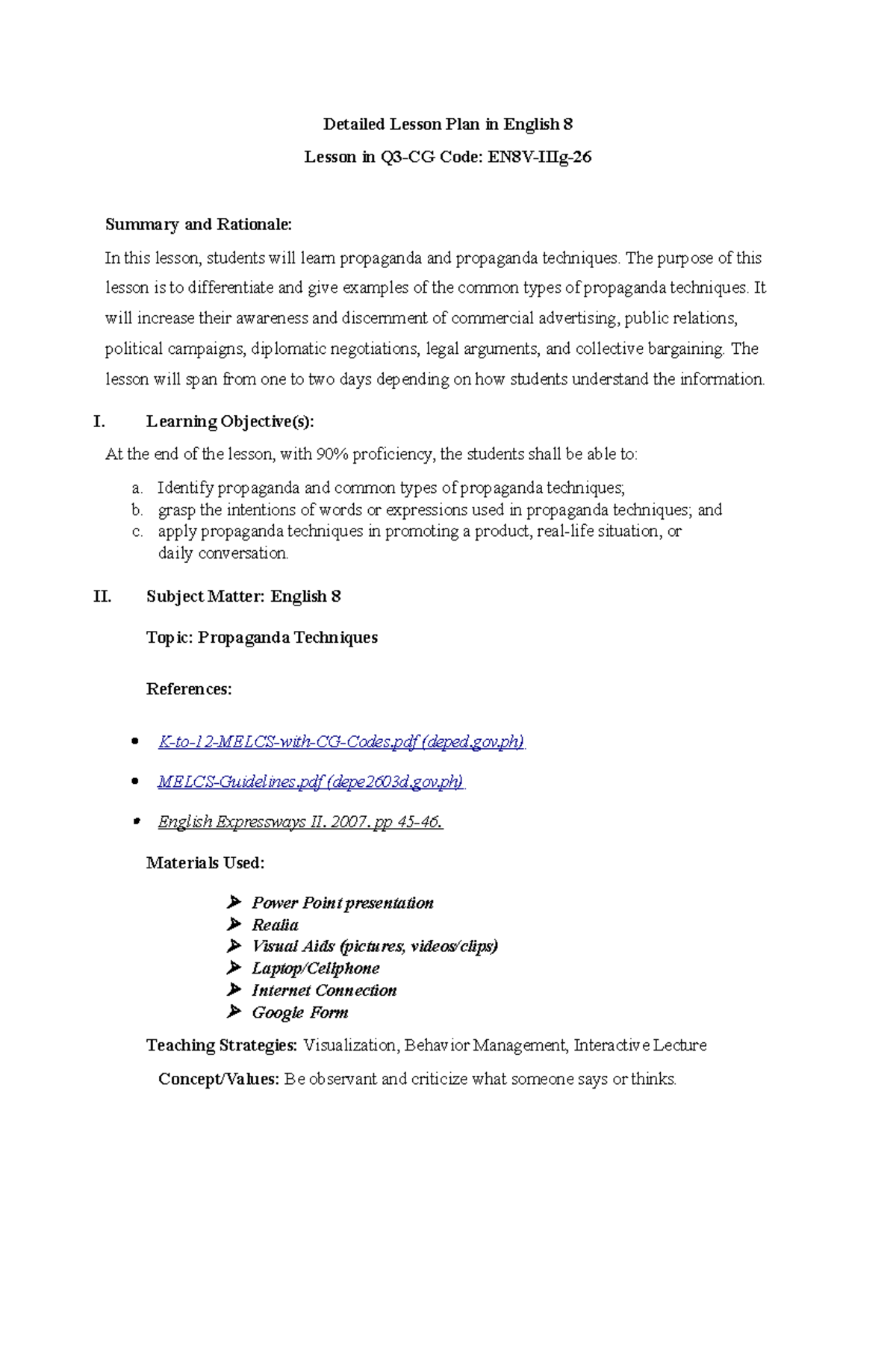 Techniques - LESSON PLAN IN ENGLISH - Detailed Lesson Plan in English 8 Lesson in Q3-CG Code ...