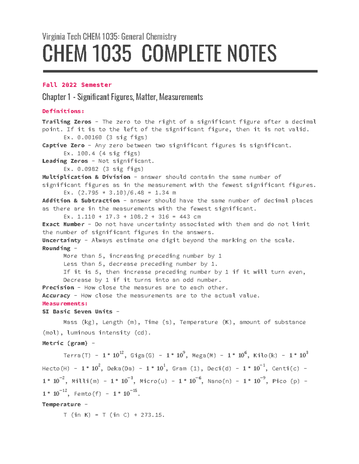 CHEM 1035 Complete Notes (Individual) - Virginia Tech CHEM 1035 ...