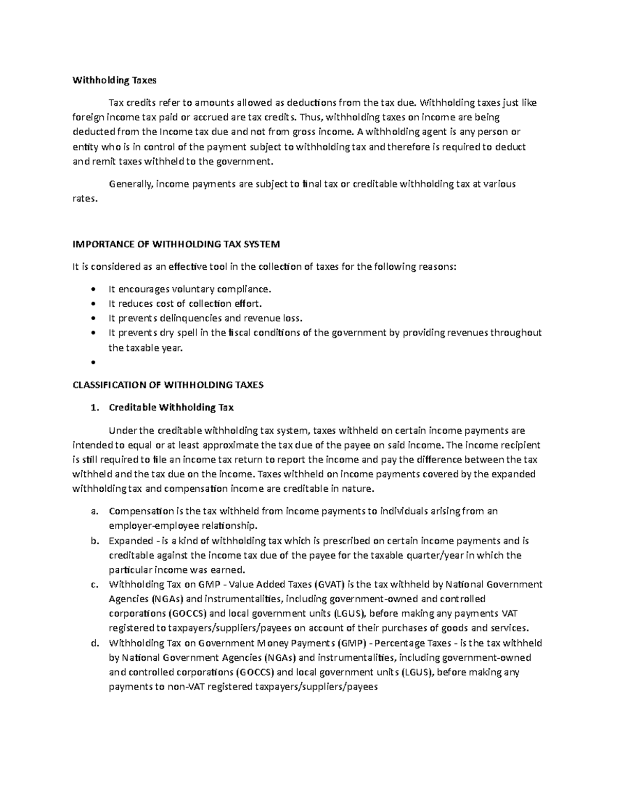 Withholding Taxes - Withholding Taxes Tax credits refer to amounts ...