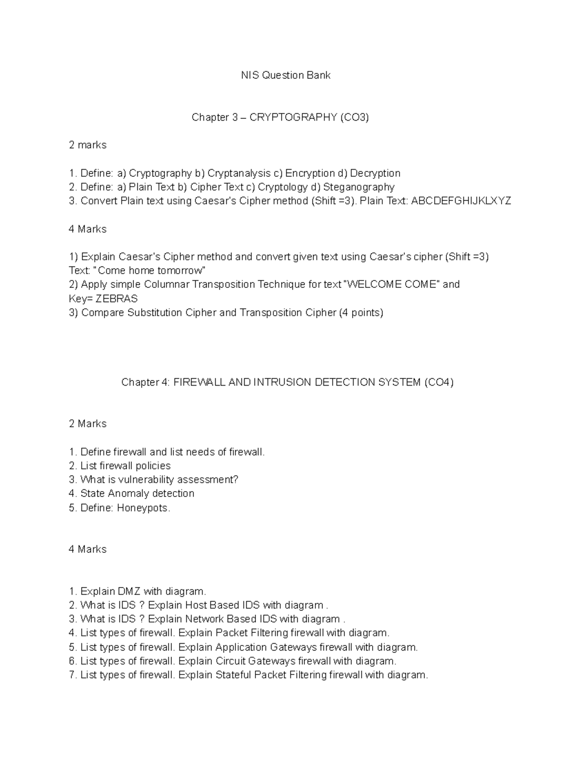 NIS QB - Nis question bank for ct - NIS Question Bank Chapter 3 – CRYPTOGRAPHY (CO3) 2 marks ...