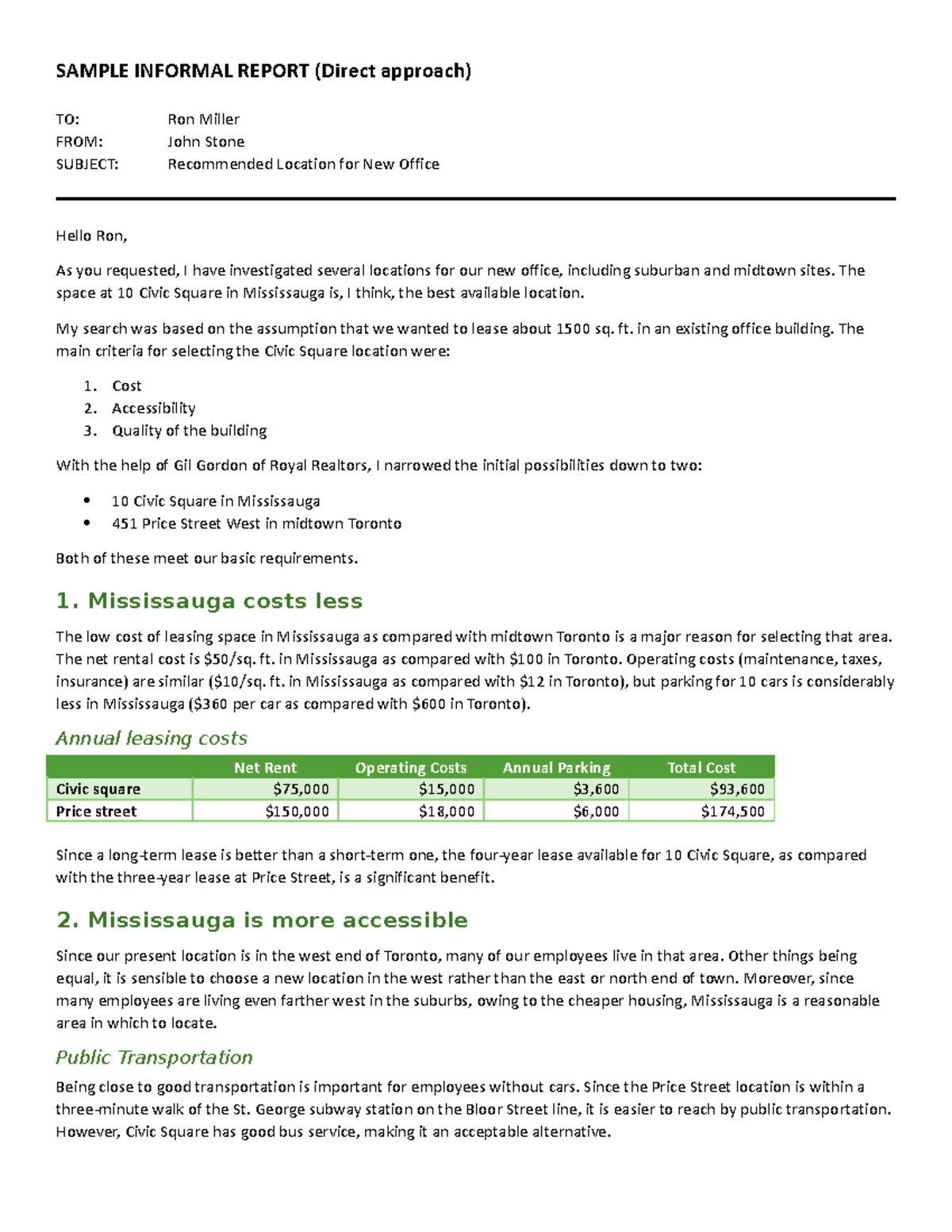 Sample informal report (Direct order) - COMM72010 - Conestoga College ...