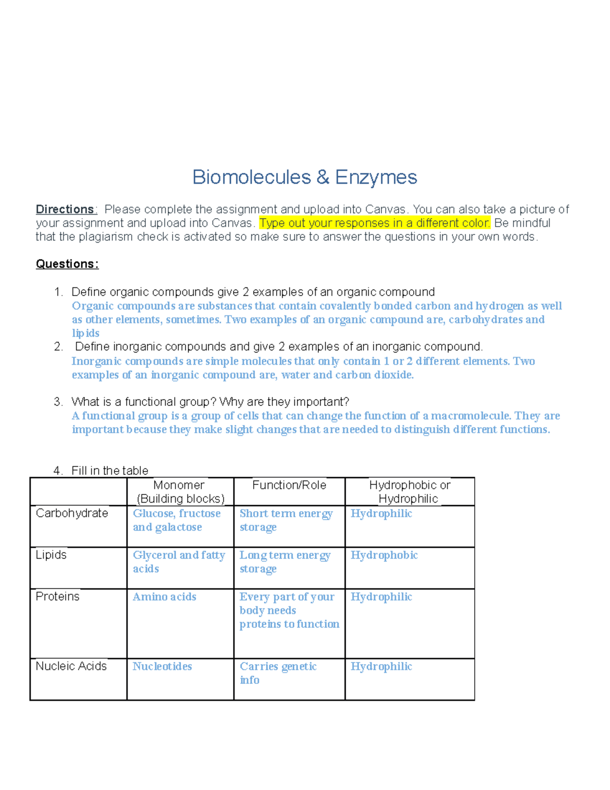 BIO HW 1 - Prof. Nordiquist - Biomolecules & Enzymes Directions: Please ...
