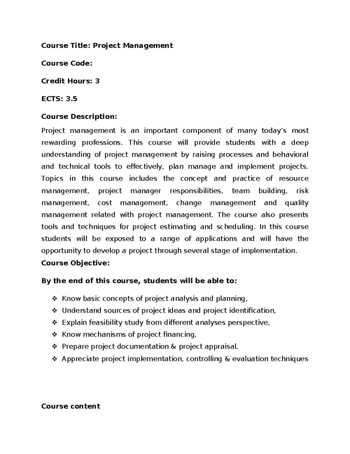 PM course outline-DDU1 - Course Title: Project Management Course Code ...