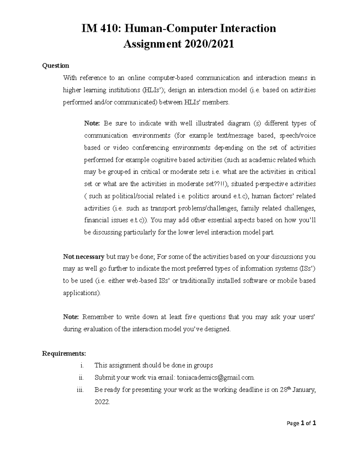 IM411 Assignment Two 20202021 Interaction Design-1 - IM 410: Human-Computer Interaction ...