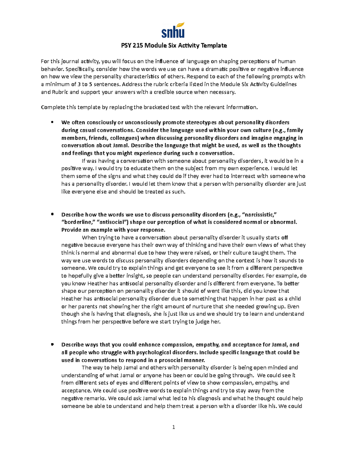 PSY 215 Module Six Activity Template - PSY 215 Module Six Activity ...