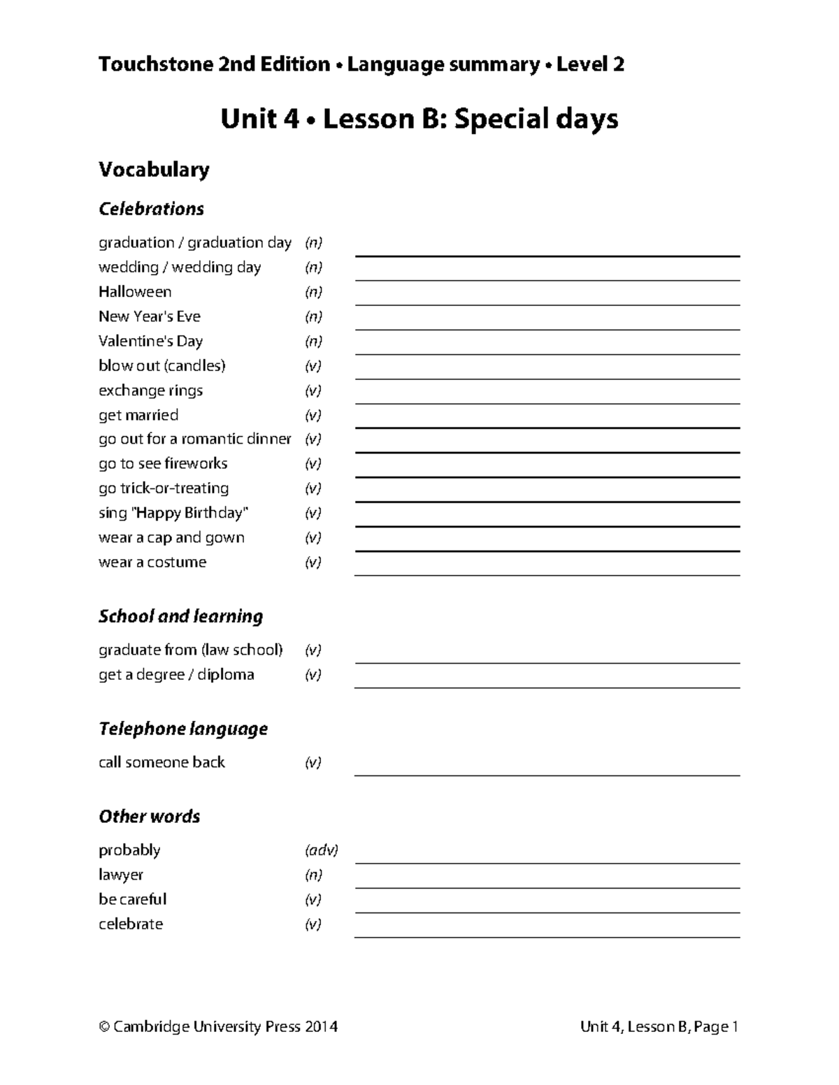 TS2e L2 U4 LB Langsum - XDD - Touchstone 2nd Edition • Language summary • Level 2 Unit 4 ...