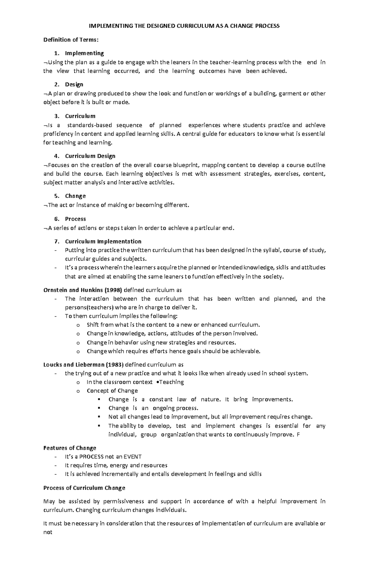 Implementing THE Designed Curriculum AS A Change Process - IMPLEMENTING THE DESIGNED CURRICULUM ...