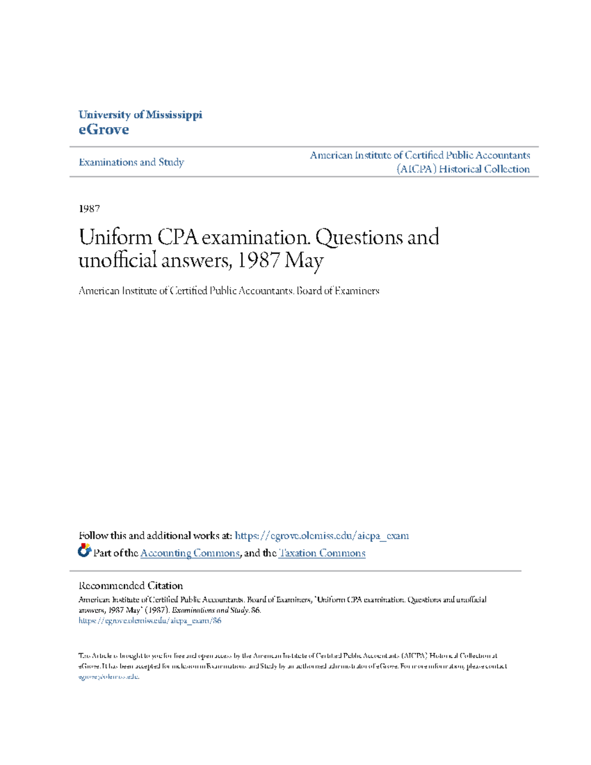 Uniform CPA examination - University of Mississippi eGrove Examinations ...