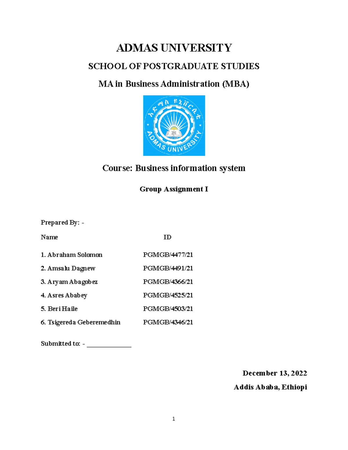 BIS group - ADMAS UNIVERSITY SCHOOL OF POSTGRADUATE STUDIES MA in ...