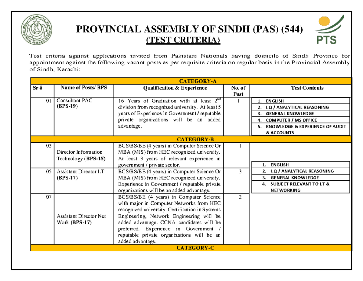 Test Criteria - Test - PROVINCIAL ASSEMBLY OF SINDH (PAS) (544) (TEST ...
