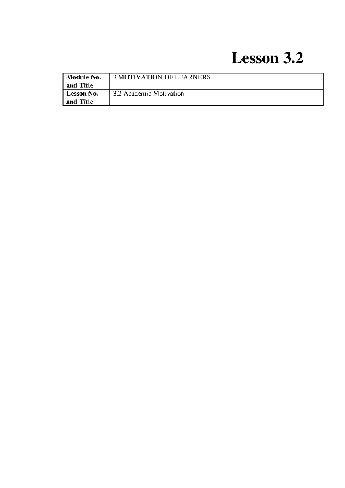 Lesson 3.2 - Academic Motivation - Lesson 3. Module No. and Title 3 ...
