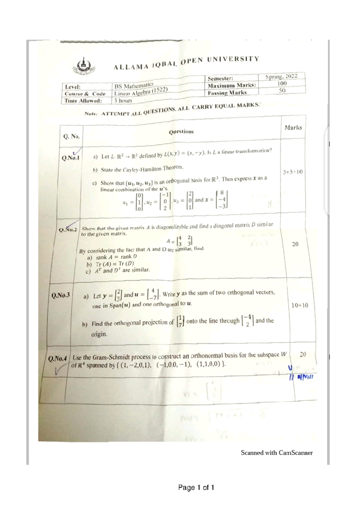 Linear sessional paper - Linear algebra 1 - Page 1 of - Studocu