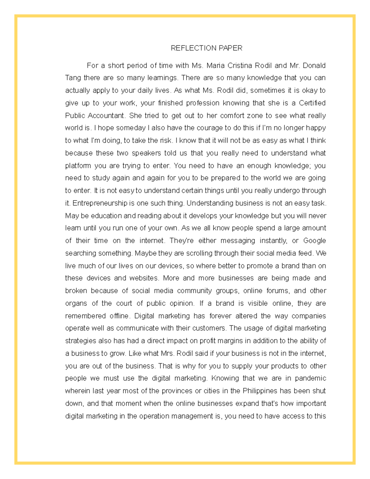 Scribd - it is about the learnings from a speaker - REFLECTION PAPER ...