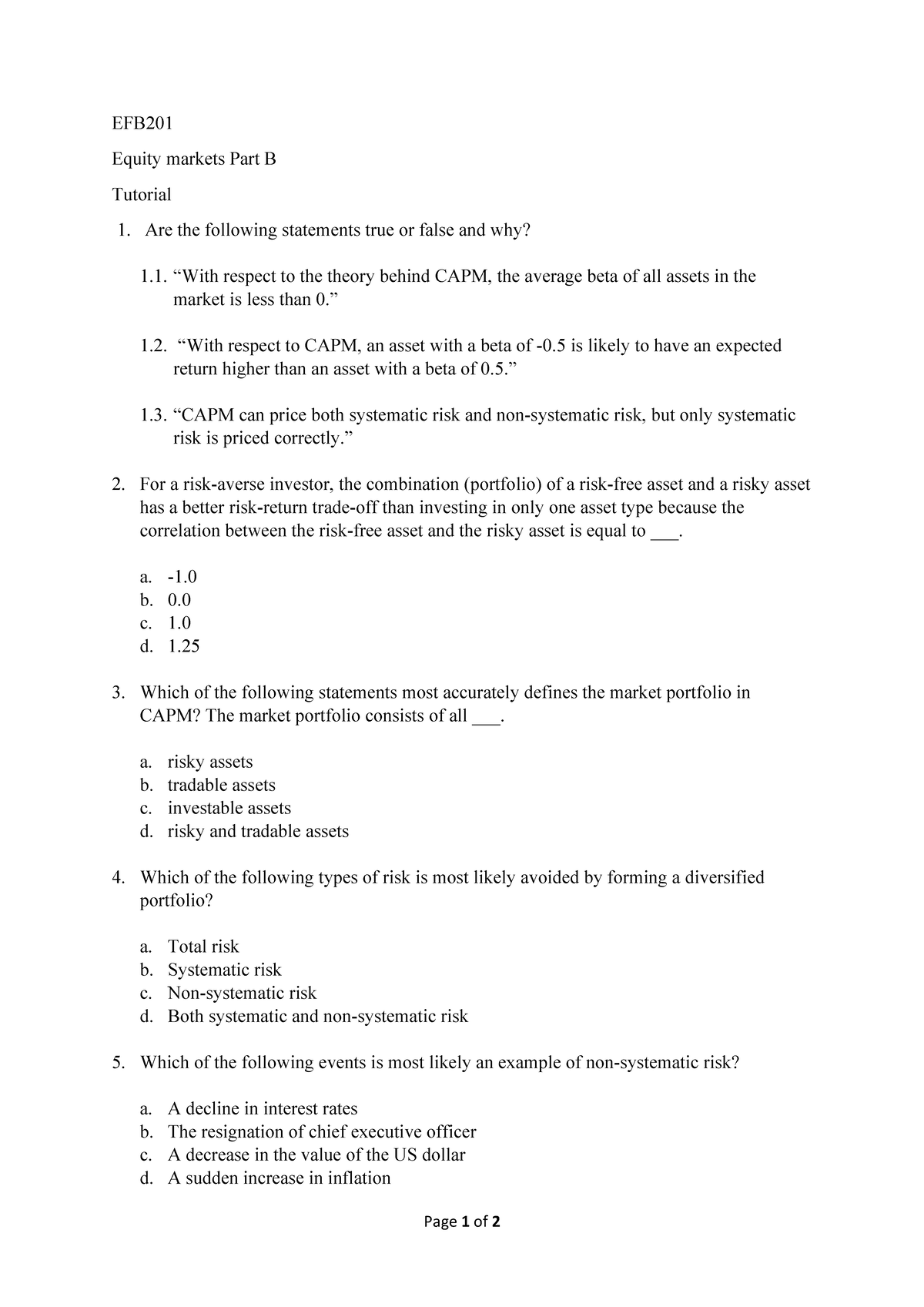 EFB201 equity Part B Tut - Page 1 of 2 EFB Equity markets Part B ...