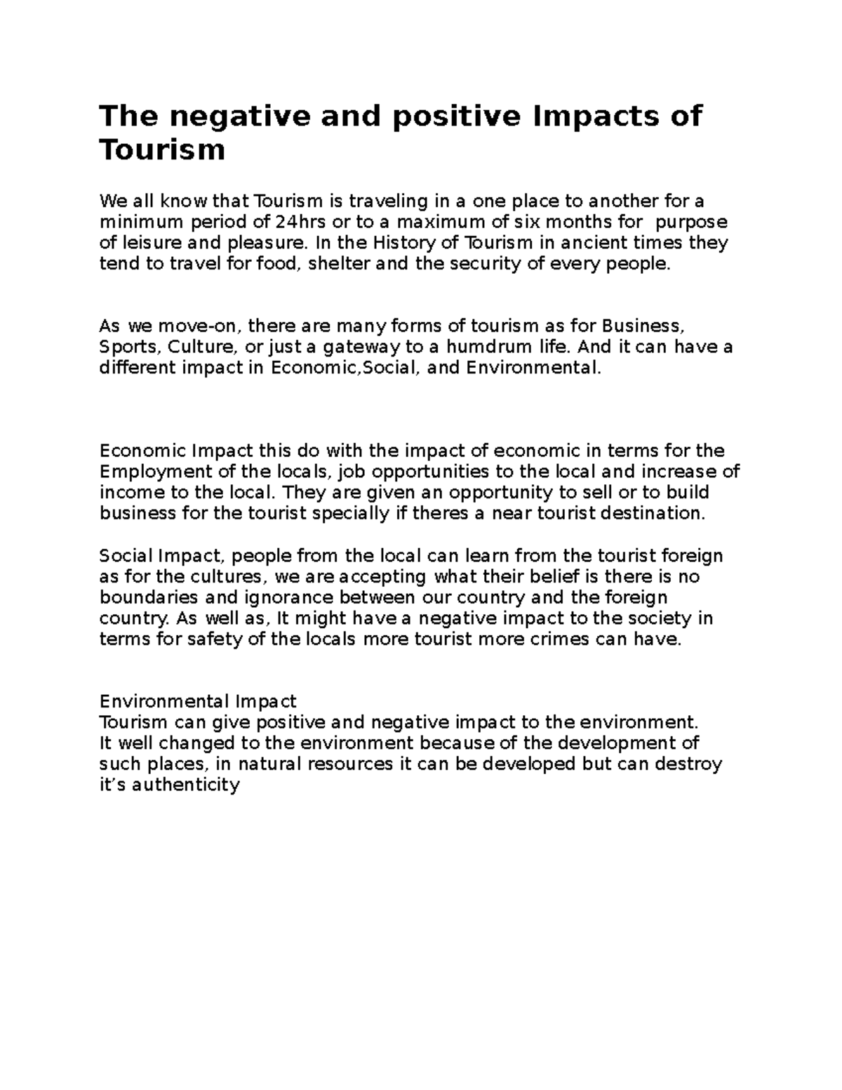 Final, Impacts of Tourism - The negative and positive Impacts of ...