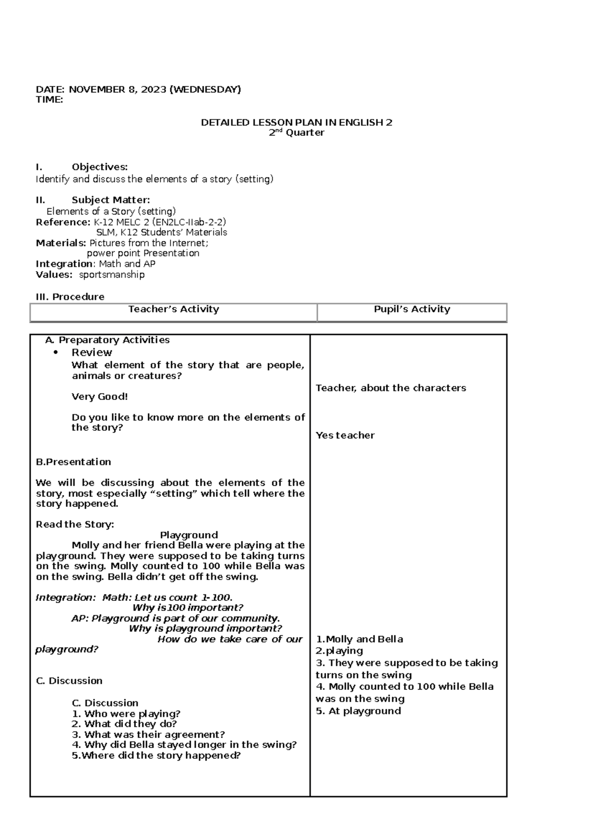 English Lesson plan - DATE: NOVEMBER 8, 2023 (WEDNESDAY) TIME: DETAILED ...