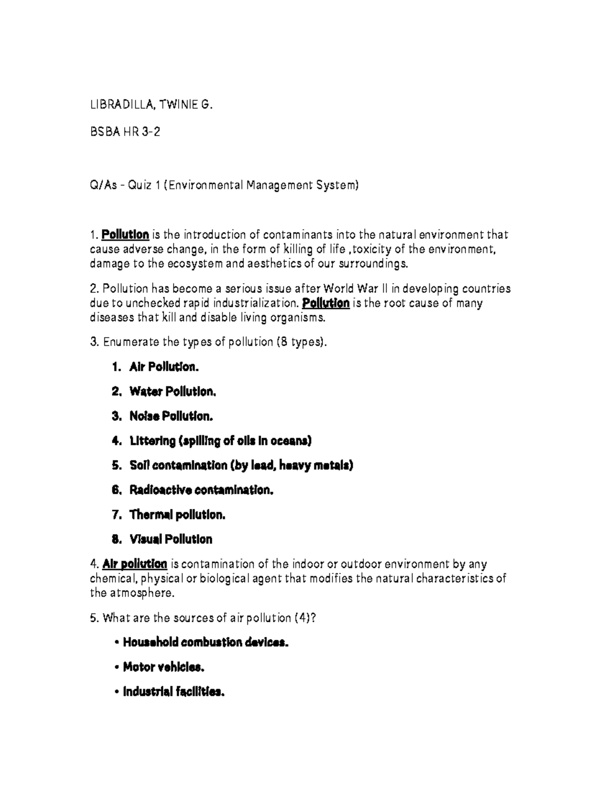 QUIZ#1 in environment management - LIBRADILLA, TWINIE G. BSBA HR 3- Q ...