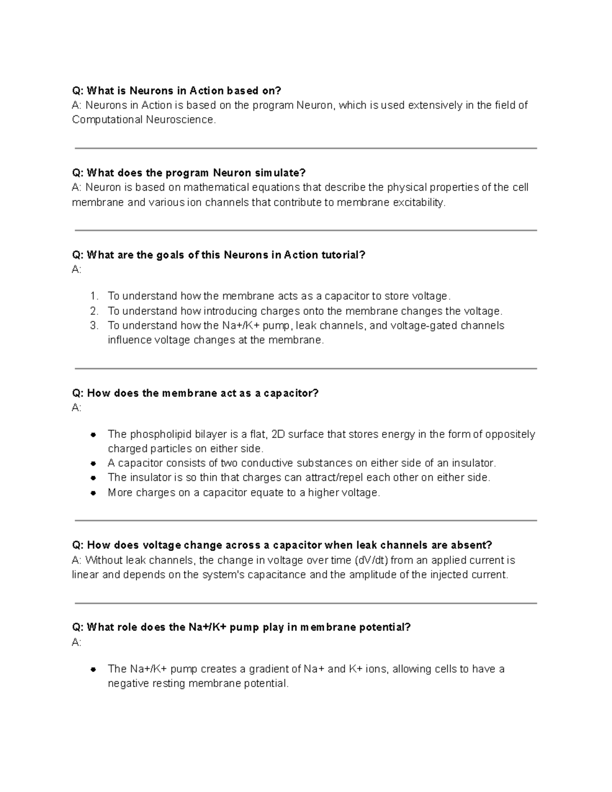 Tutorial Notes Q What Is Neurons In Action Based On A Neurons In Action Is Based On The