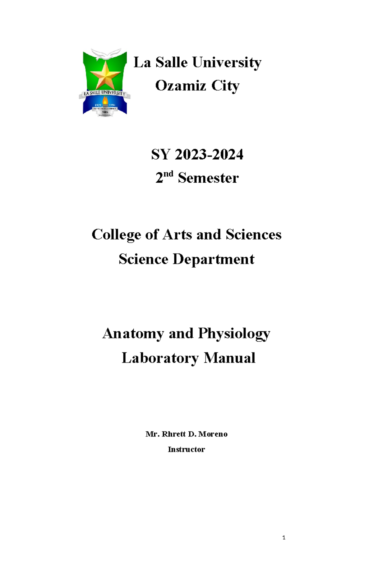 Anaphy Laboratory Manual - La Salle University Ozamiz City SY 2023- 2 ...