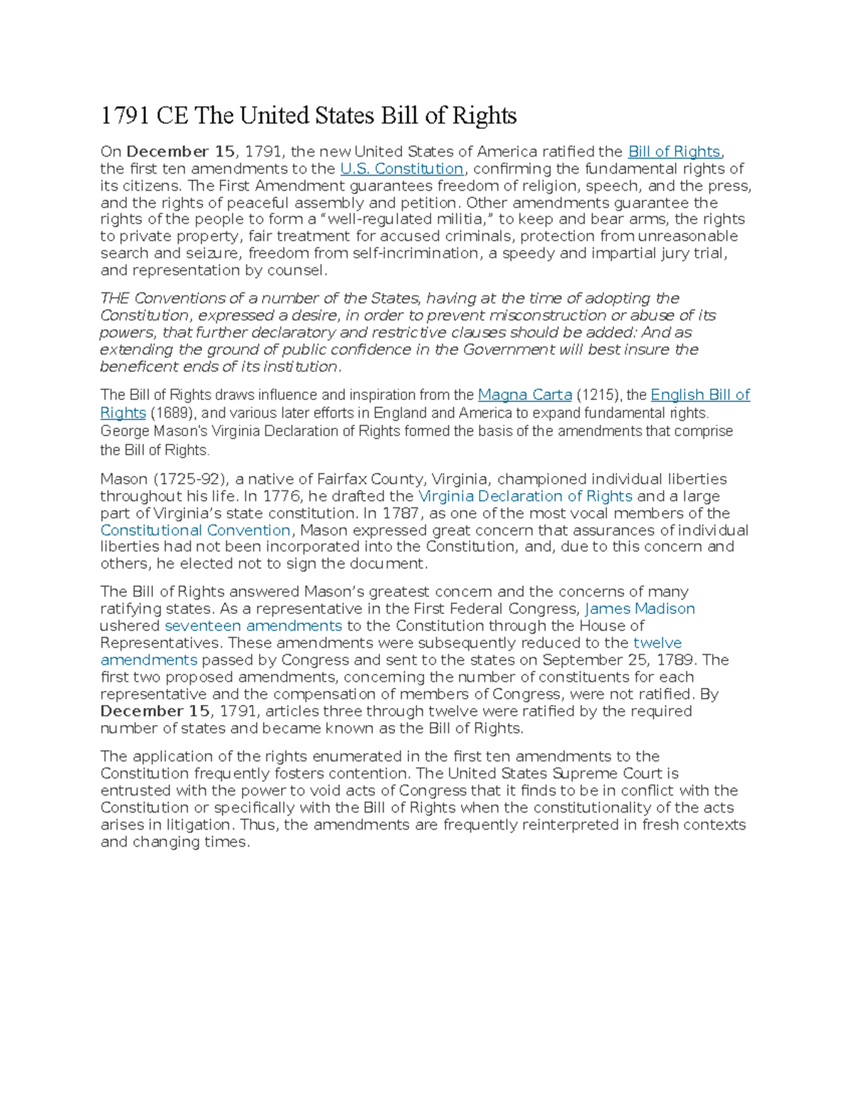 1791 CE The United States Bill of Rights - Constitution, confirming the ...