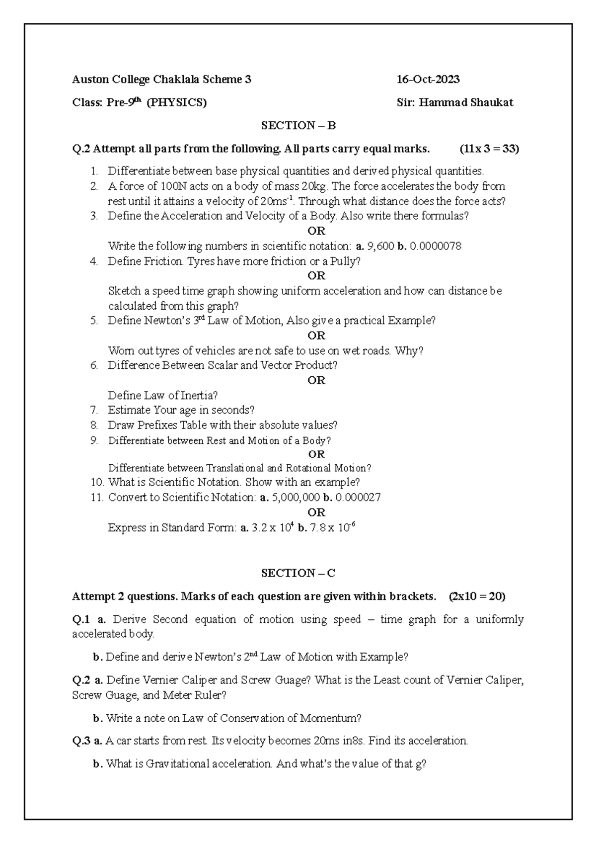 Class Pre 9 Physics Paper - Auston College Chaklala Scheme 3 16-Oct ...
