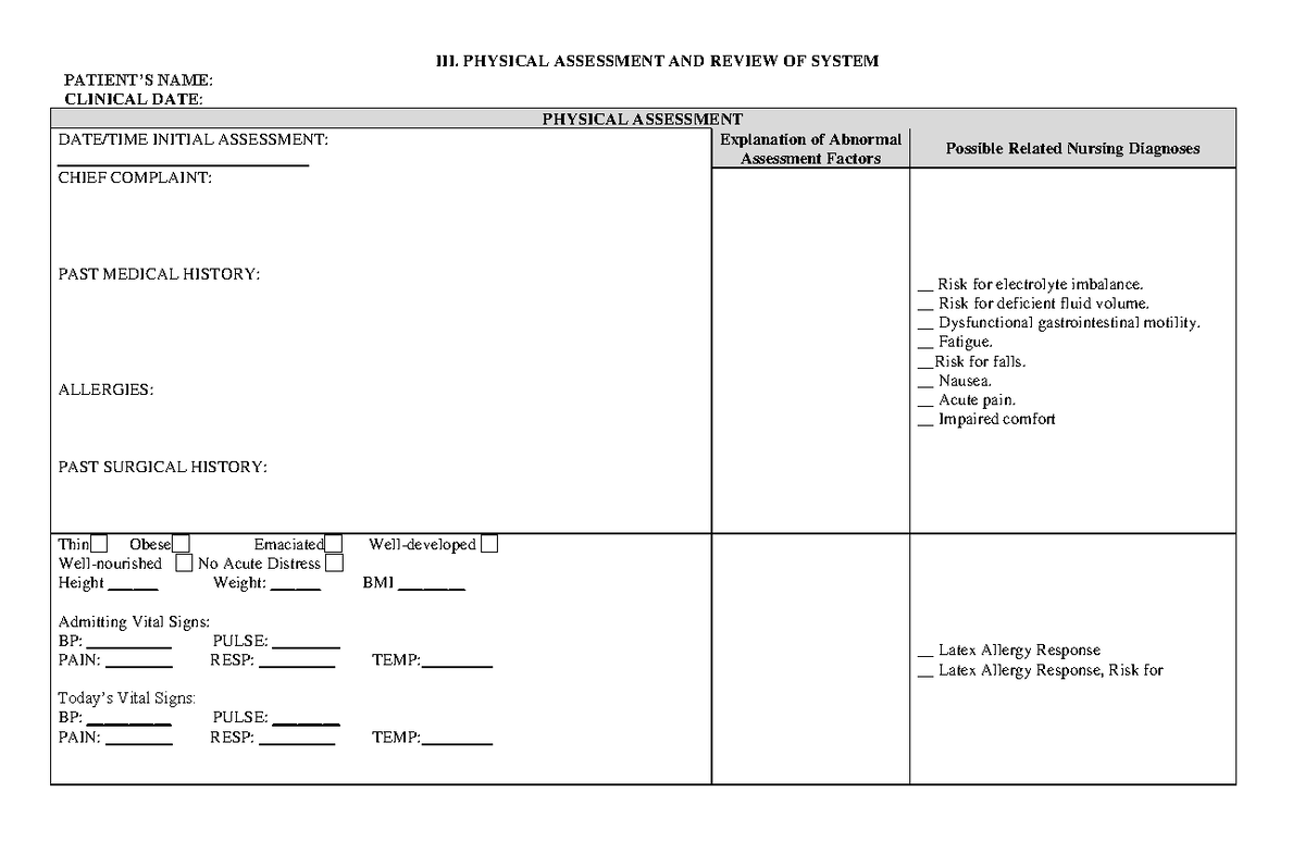 Blank Physical Assessment Guide - III. PHYSICAL ASSESSMENT AND REVIEW ...